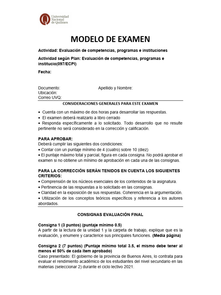 Modelo de Examen | Descargar gratis PDF | Evaluación | Metodología
