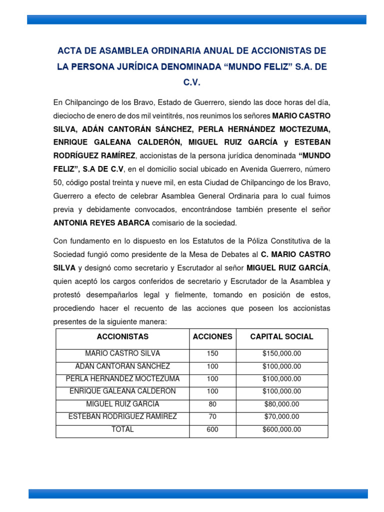 Acta de Asamblea Ordinaria Anual | PDF | Contabilidad | Dividendo