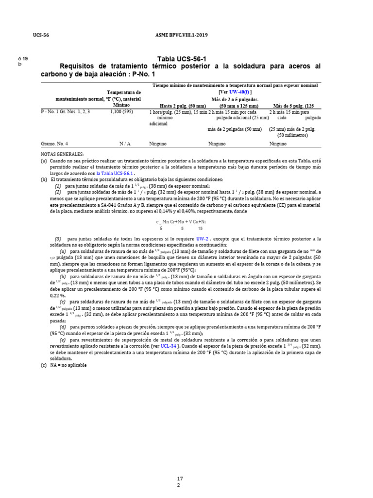 Tabla UCS-56-1 Requisitos de Tratamiento Térmico Posterior A La ...