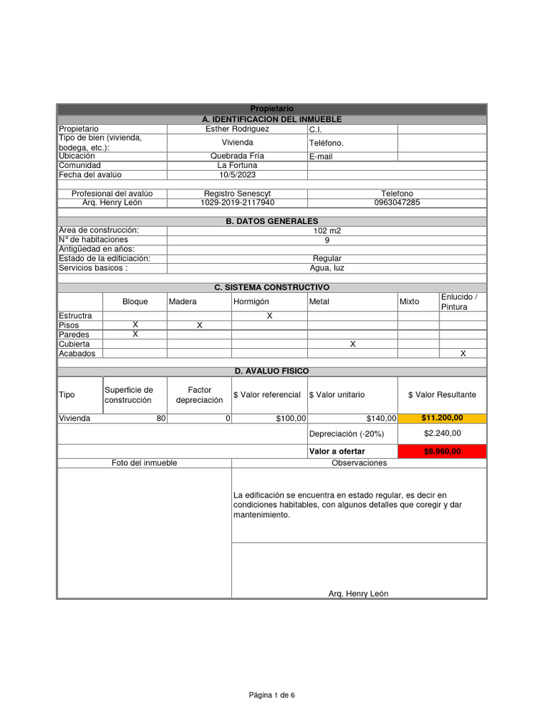 Avaluo Quebrada Fría | PDF | edificio | Hormigón