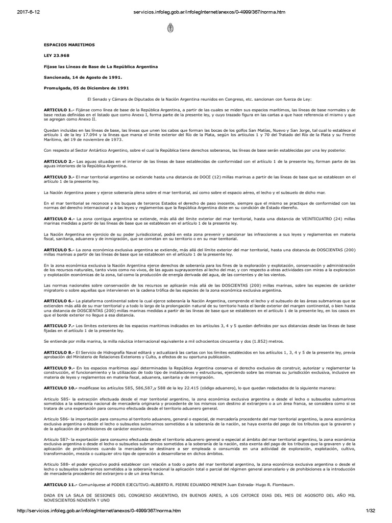 Ley 23968 - Líneas de Base, Mar Territorial, Zona Contigua, ZEE y ...