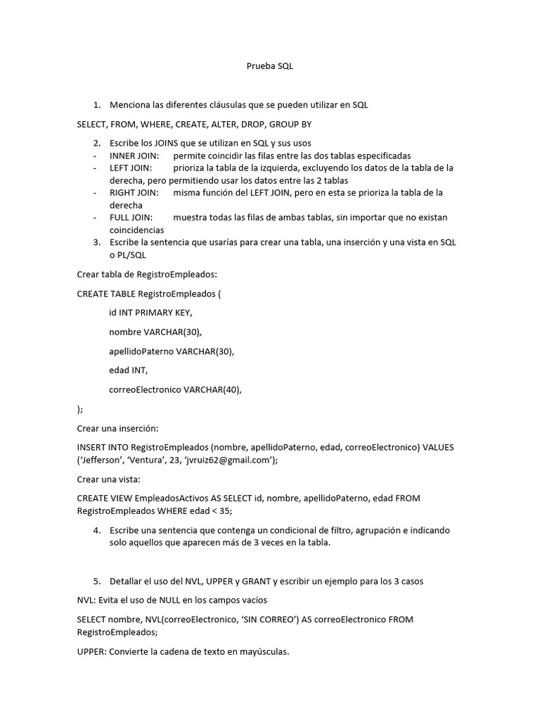 Prueba SQL | PDF | SQL | Programación de computadoras