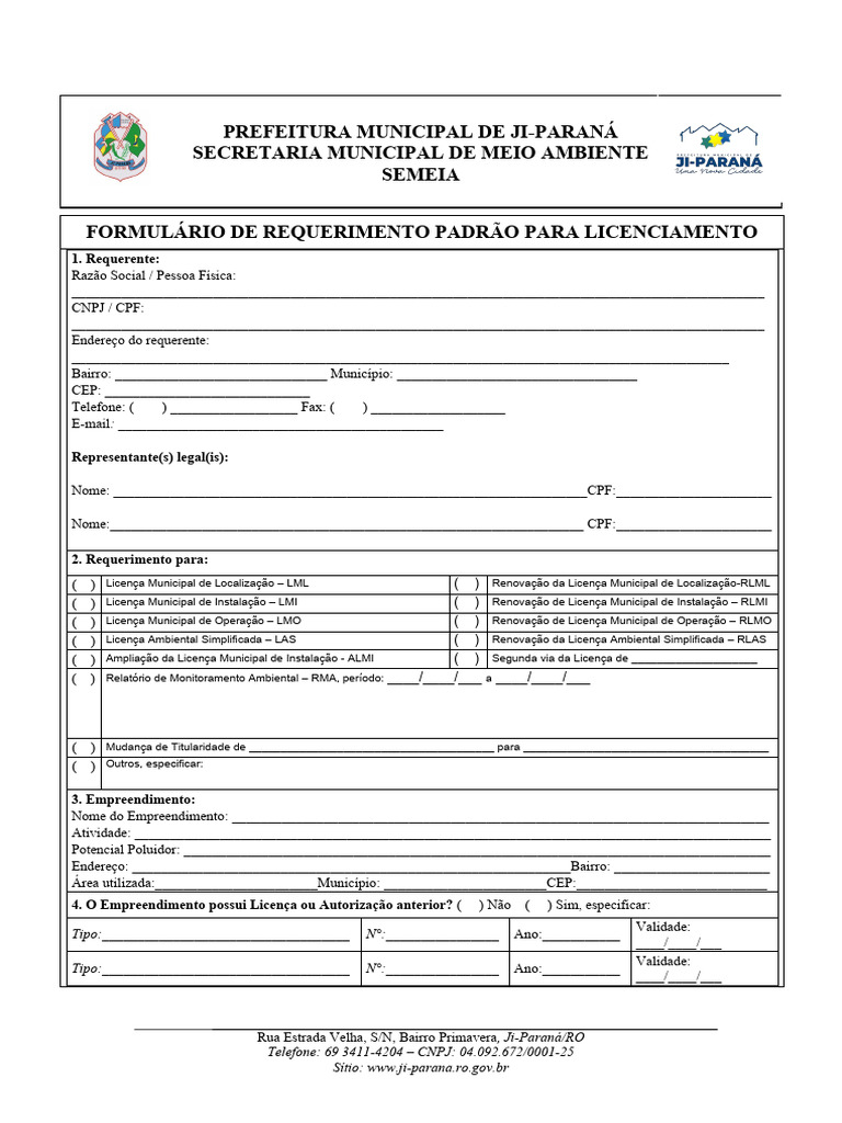 Formulario de Requerimento Padrao LICENCIAMENTO | PDF