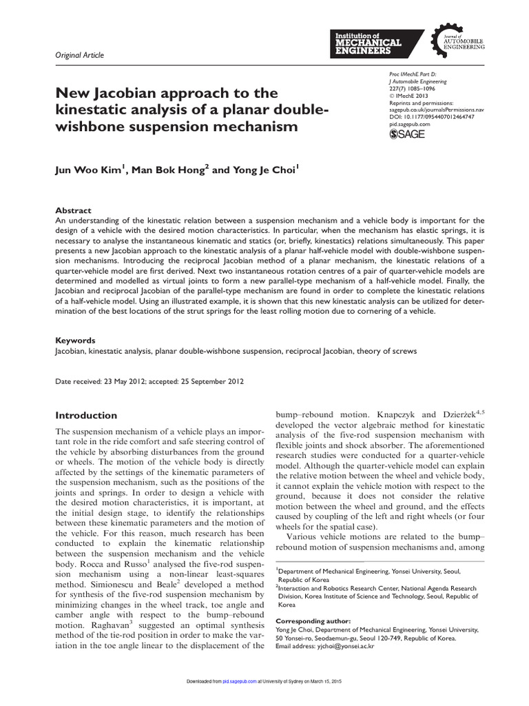 New Jacobian Approach To The Kinestatic Analysis of A Planar Doublewishbone Suspension Mechanism ...