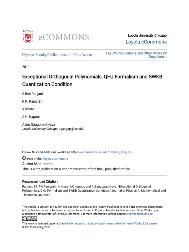 Exceptional Orthogonal Polynomials QHJ Formalism and SWKB Quanti | PDF | Wave Function | Equations