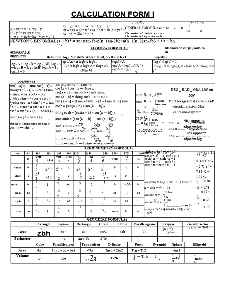 Calculation Form 1 | PDF | Logarithm | Area