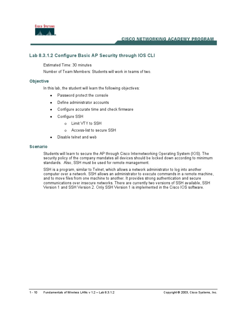 Lab 8.3.1.2 Configure Basic AP Security Through IOS CLI: Objective ...