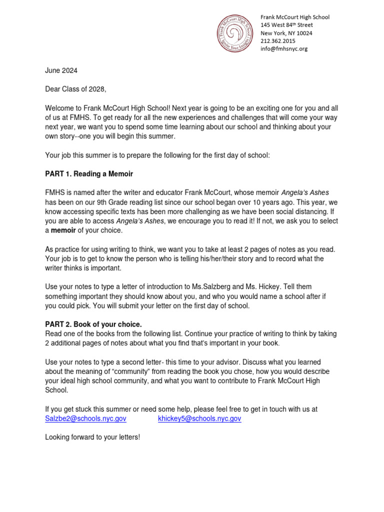 Incoming 9th Grade Summer Assignment - Class of 2028 | PDF