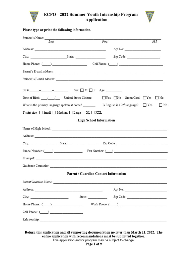 2022 Summer Intern Application | PDF