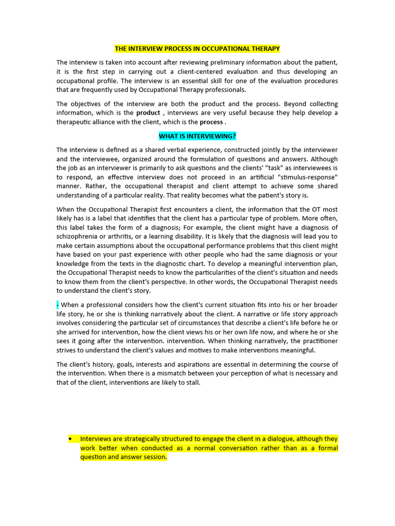 Occupational Therapy Interview Guide | PDF | Self Concept | Occupational Therapy