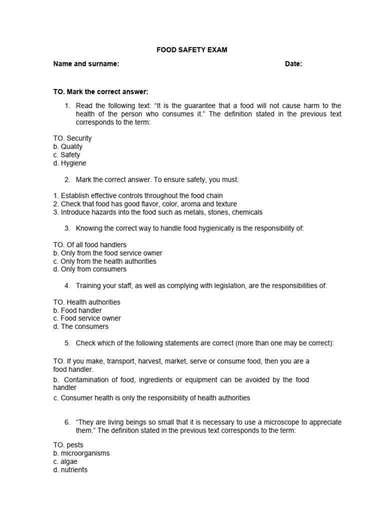 Food Safety Examination | PDF | Food Safety | Foods