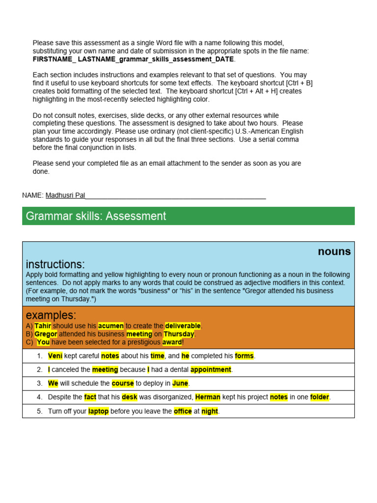 Grammar Skills Assessment Instructions | PDF | Part Of Speech | Subject ...