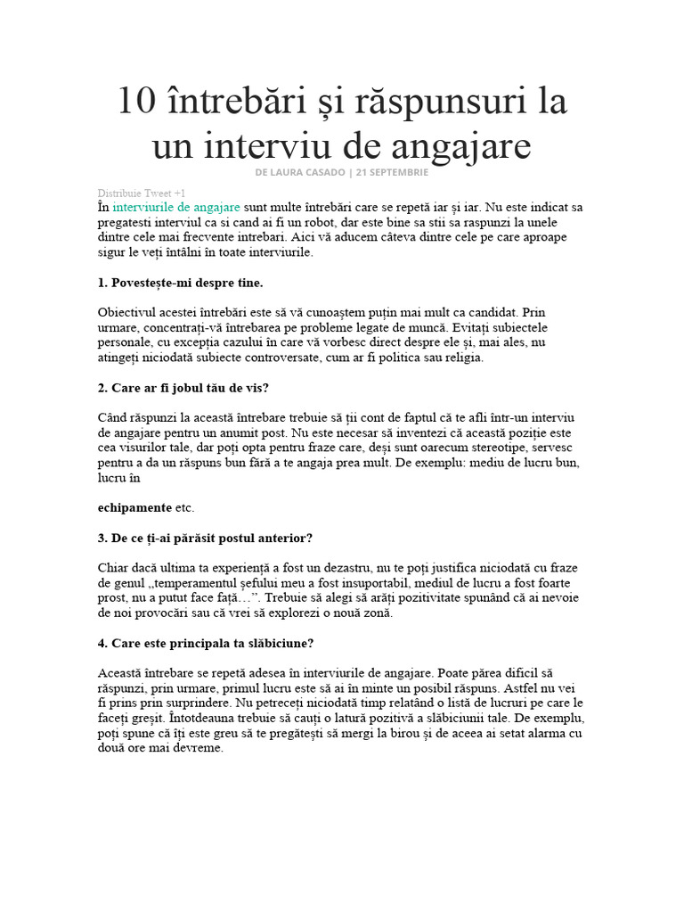 10 Întrebări Și Răspunsuri Într-Un Interviu de Angajare | PDF