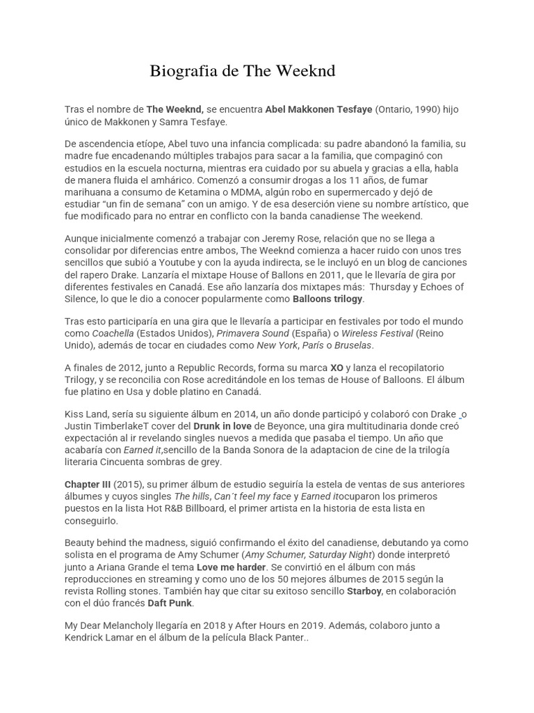 Biografia de The Weeknd | PDF | Musica Popular | Grabación de sonido