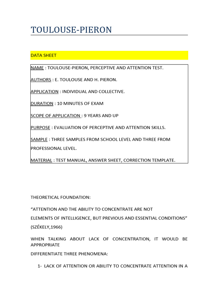Toulouse Pieron | PDF | Attention | Cognitive Psychology