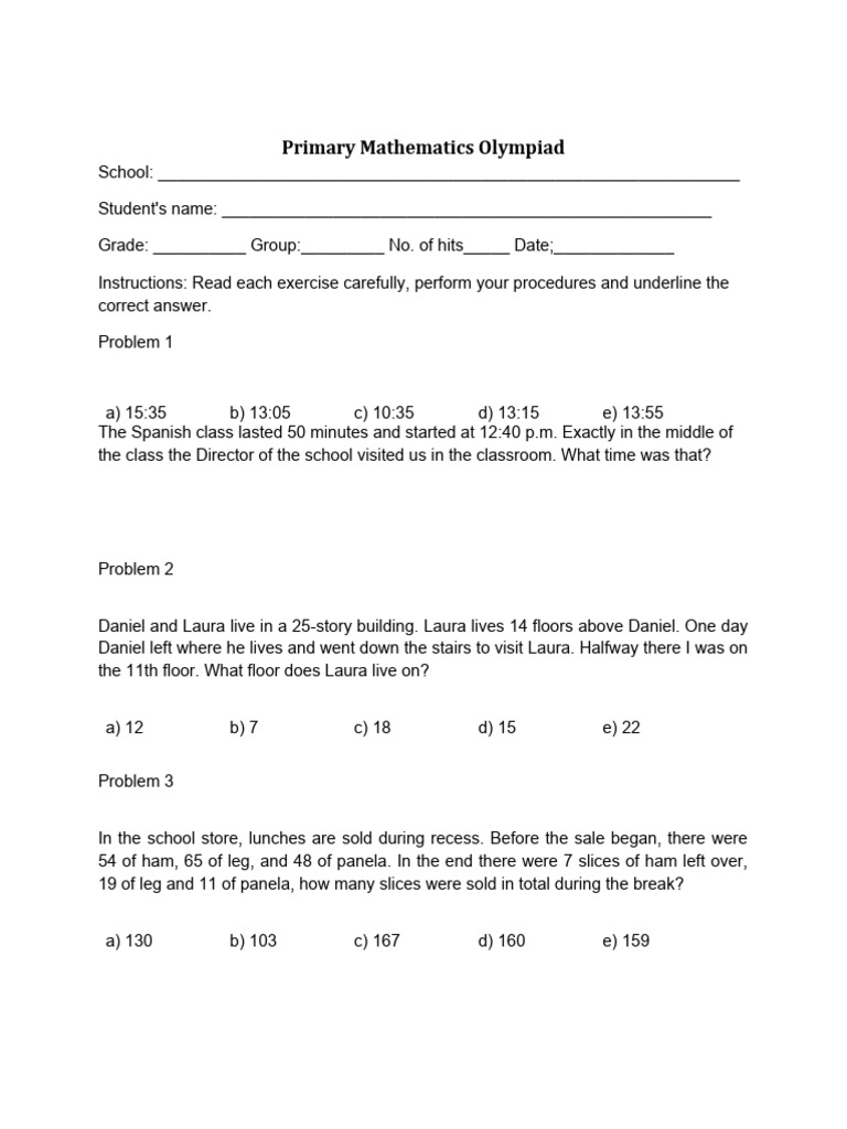 Primary Mathematics Olympiad Exercises | PDF | Area | Mathematics