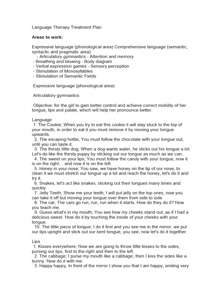 Speech Therapy Treatment Plan | PDF | Taste | Tongue