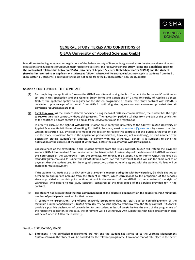 GISMA University Study Terms & Conditions | PDF | Legal Liability | Fee