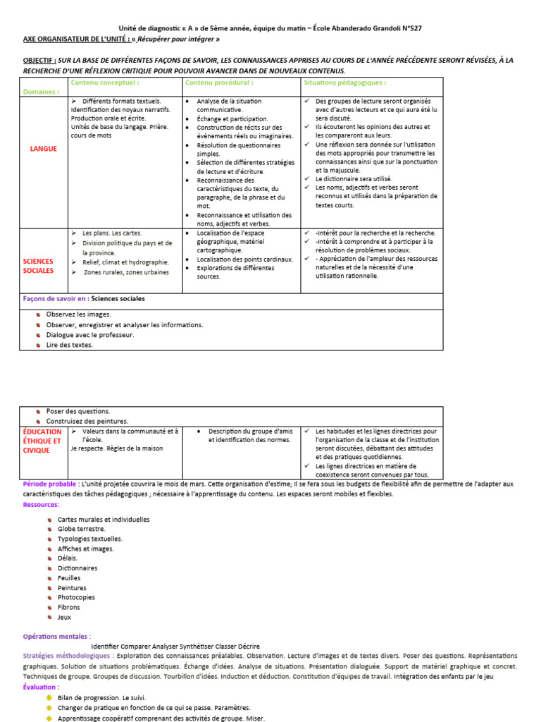 Unité de Diagnostic de 5e Année | PDF | Pédagogie | Science