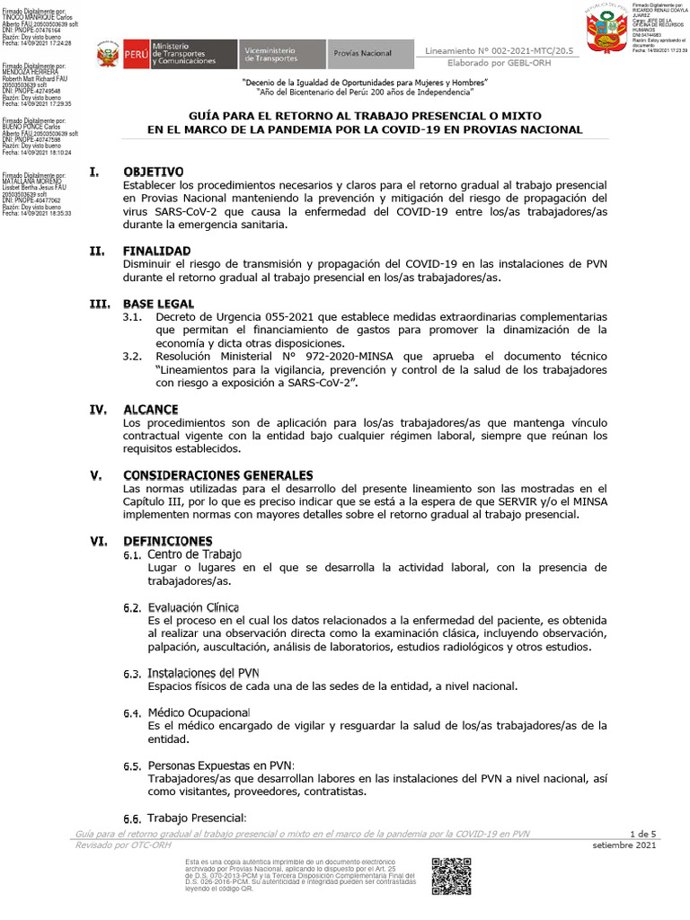 LINEAMIENTO #002-2021-MTC-20.5 - Retorno Gradual Al Trabajo Presencial | PDF | Documento de ...