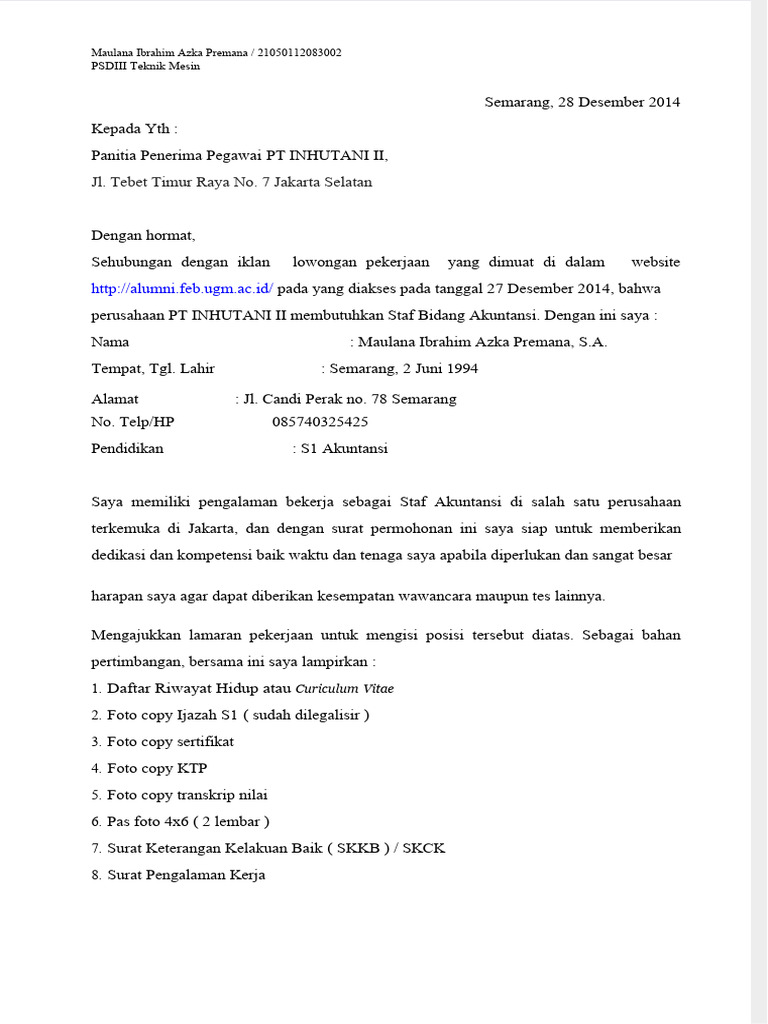 Dokumen - Tips 02 Surat Lamaran Kerja PT Inhutani II | PDF