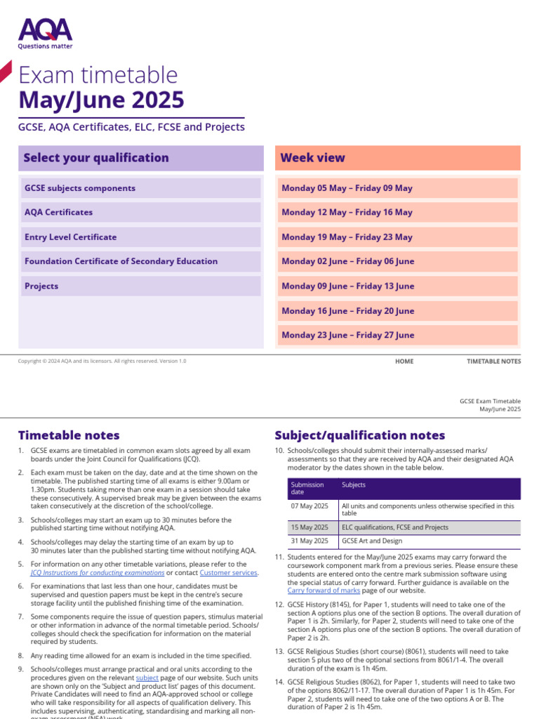 AQA GCSE Exam Timetable 2025 | PDF