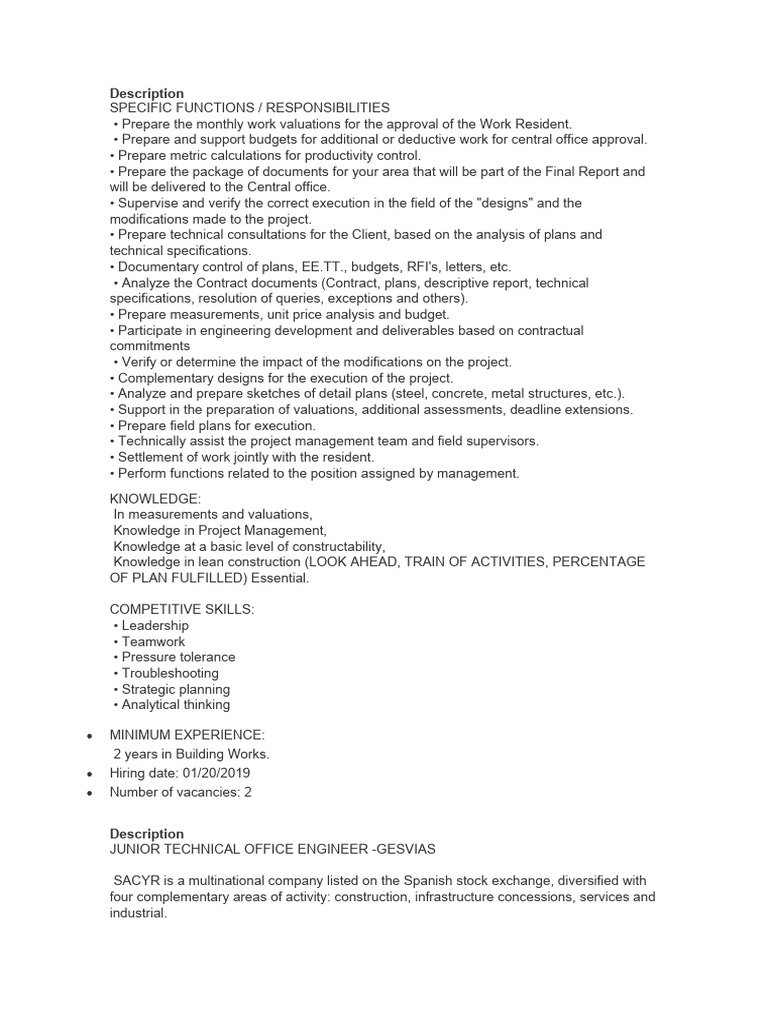 Technical Office Engineer | PDF | Project Management | Specification ...