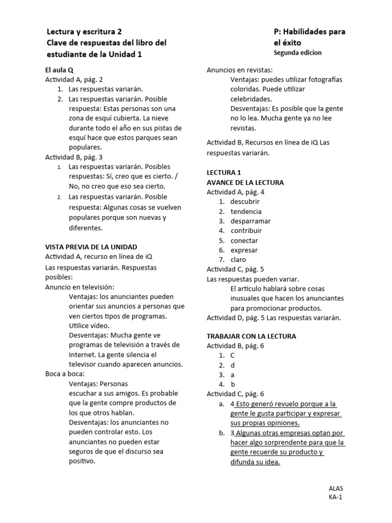 Clave de Respuestas de Lectura y Escritura 2 | PDF | Color | Rojo