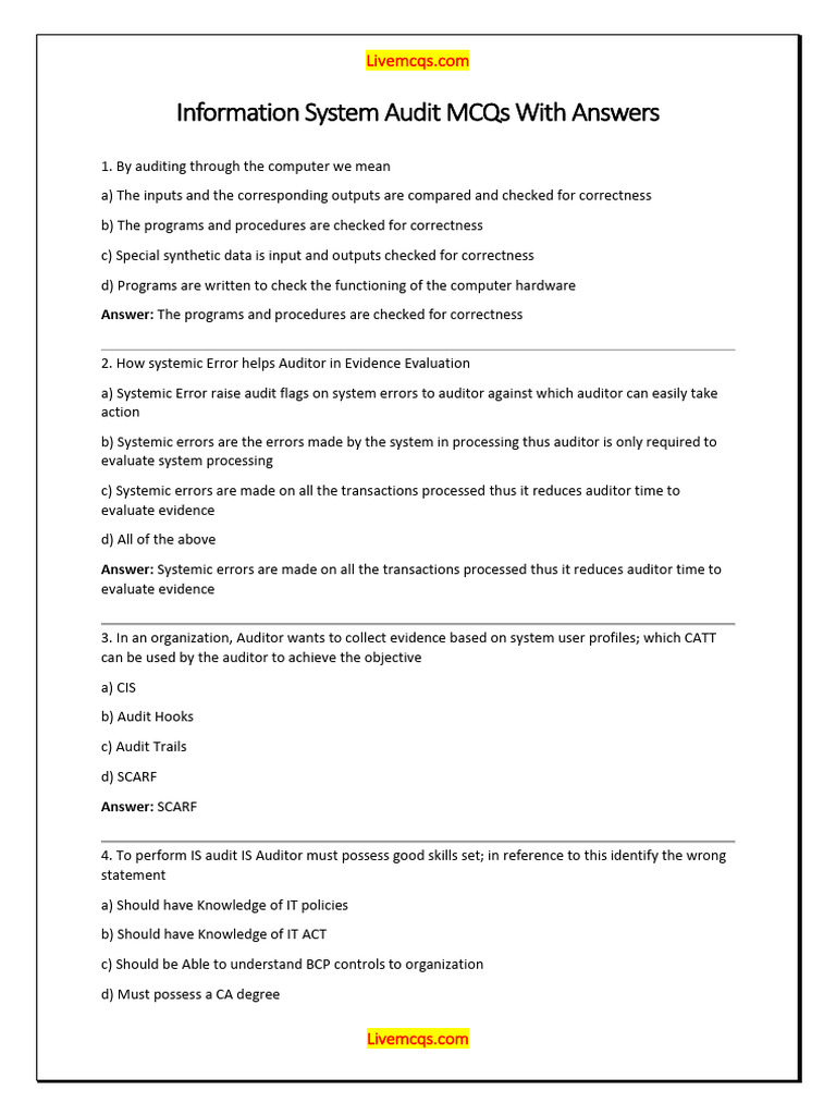 Information System Audit - MCQs | Download Free PDF | Audit | Internal Control
