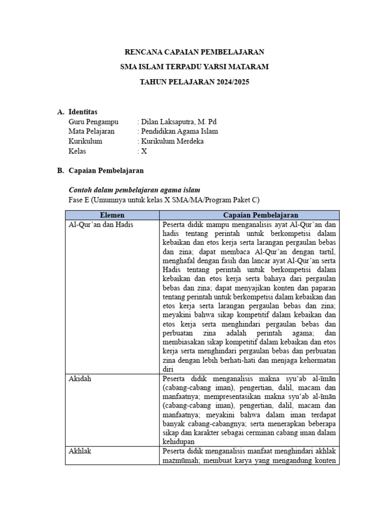 Rencana Capaian Pembelajaran PAI & Budi Pekerti X Kurikulum Merdeka | PDF | Ilmu Sosial | Agama ...