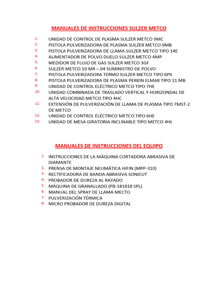 Manuales de instrucciones de Sulzer Metco | PDF