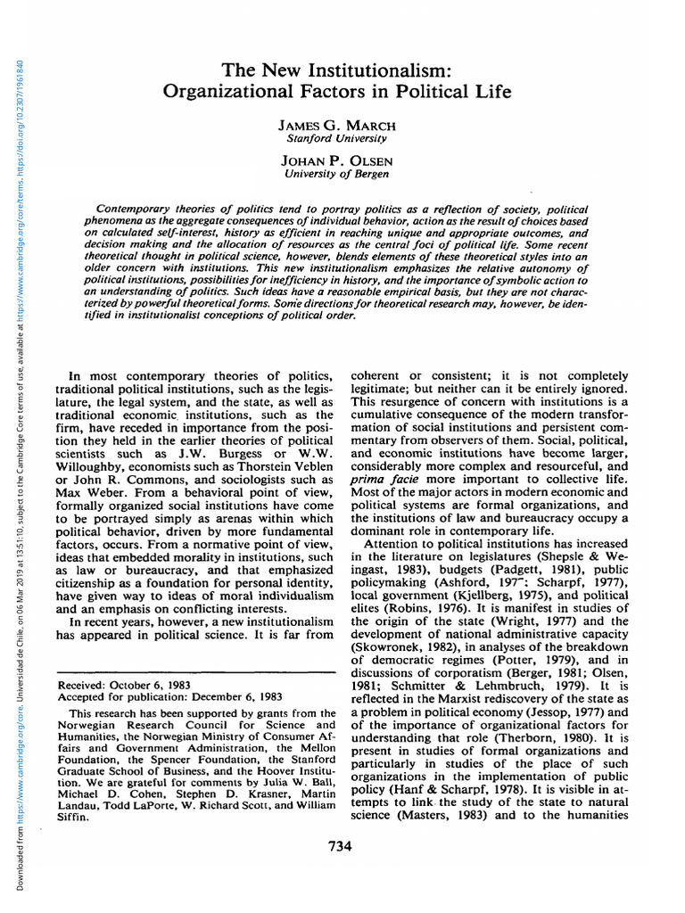 New Institutionalism Organizational Factors in Political Life | PDF ...