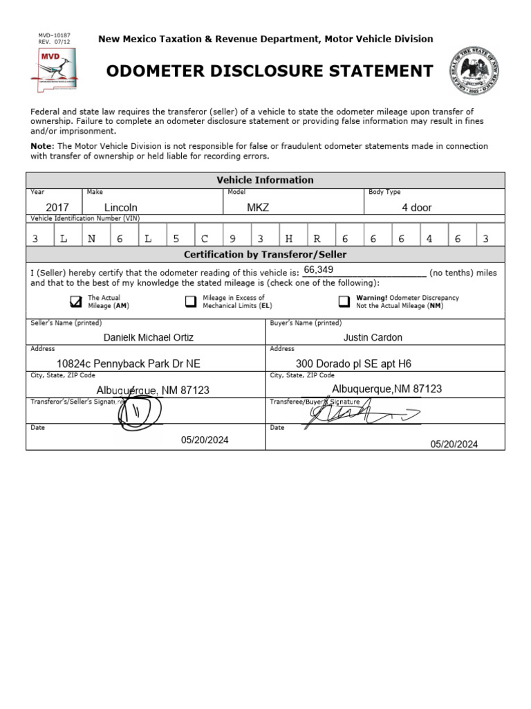 Odometer Statement | PDF