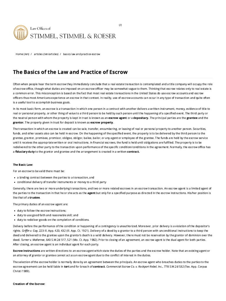 The Basics of The Law and Practice of Escrow - Stimmel Law | PDF ...