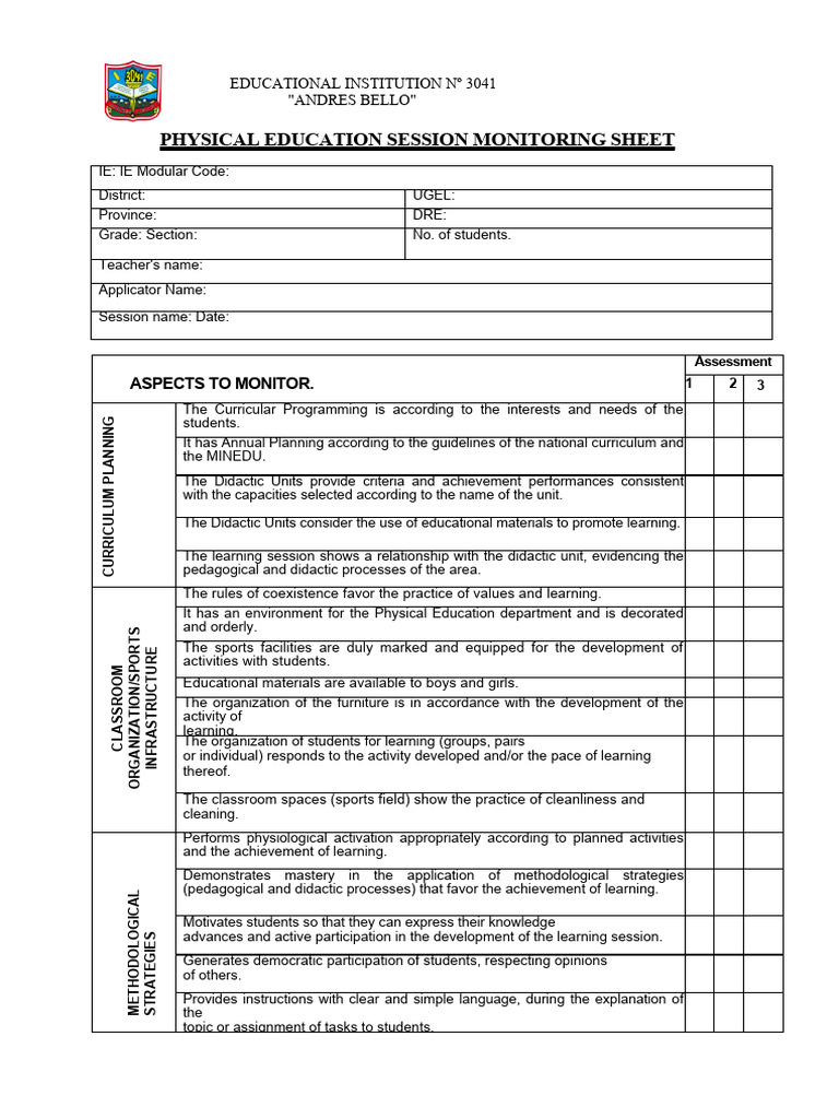Physical Education Supervision Sheet | PDF | Learning | Pedagogy