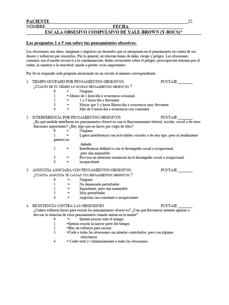 Escala Obsesivo Compulsiva de YBOCS Yale-Brown para El TOC | Descargar gratis PDF | Desorden ...