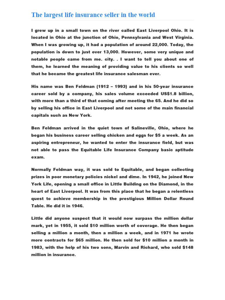 Ben Feldman: Life Insurance Legend | PDF | Insurance | Sales