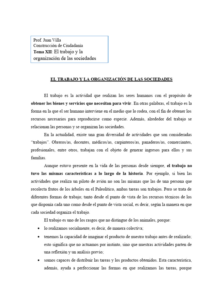 Tema 12 El Trabajo y La Organizacion de Las Sociedades Humanas | PDF ...