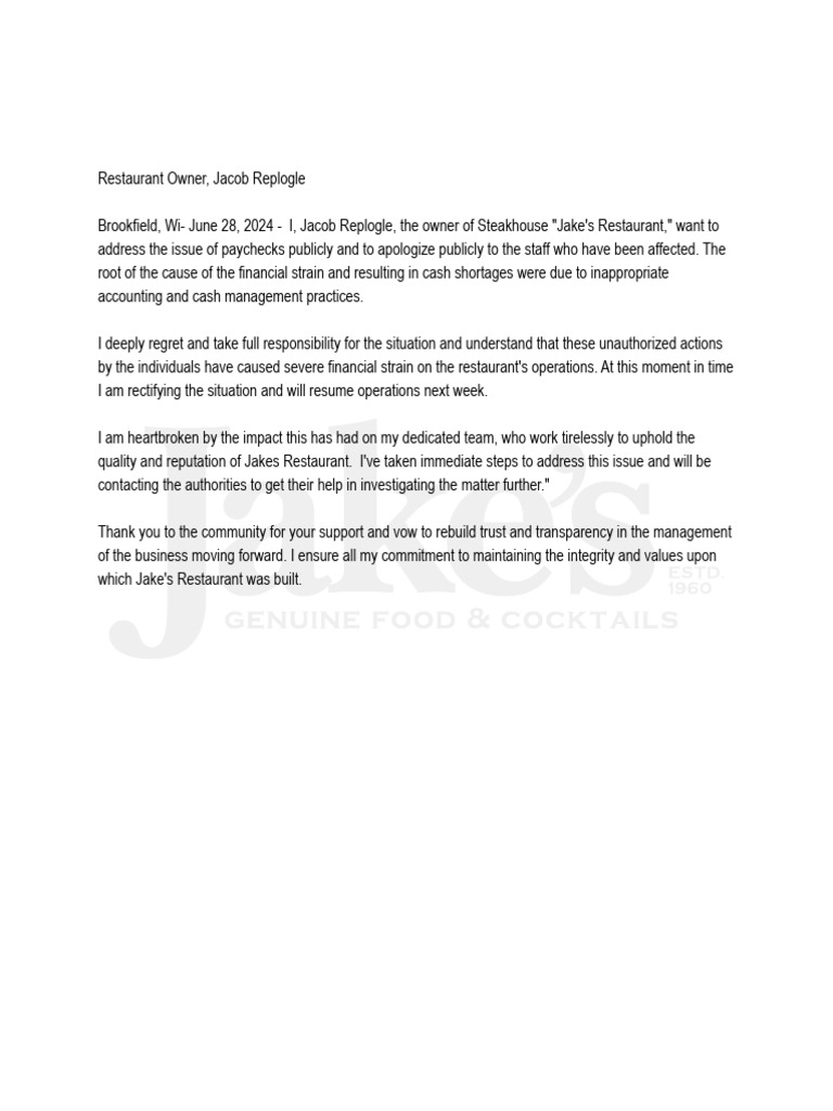 Statement From Jake s Restaurant PDF