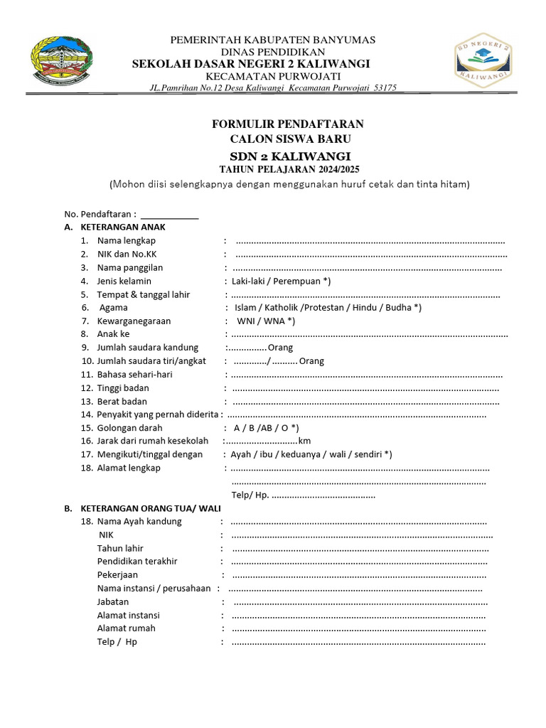 Formulir Pendaftaran SDN 2 Kaliwangi 2024-2025 | PDF | Hukum | Griya & Taman