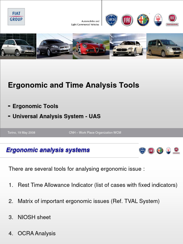 English - Ergonomic and Time Analysis Tools - FIAT | PDF | Limbs (Anatomy) | Human Anatomy