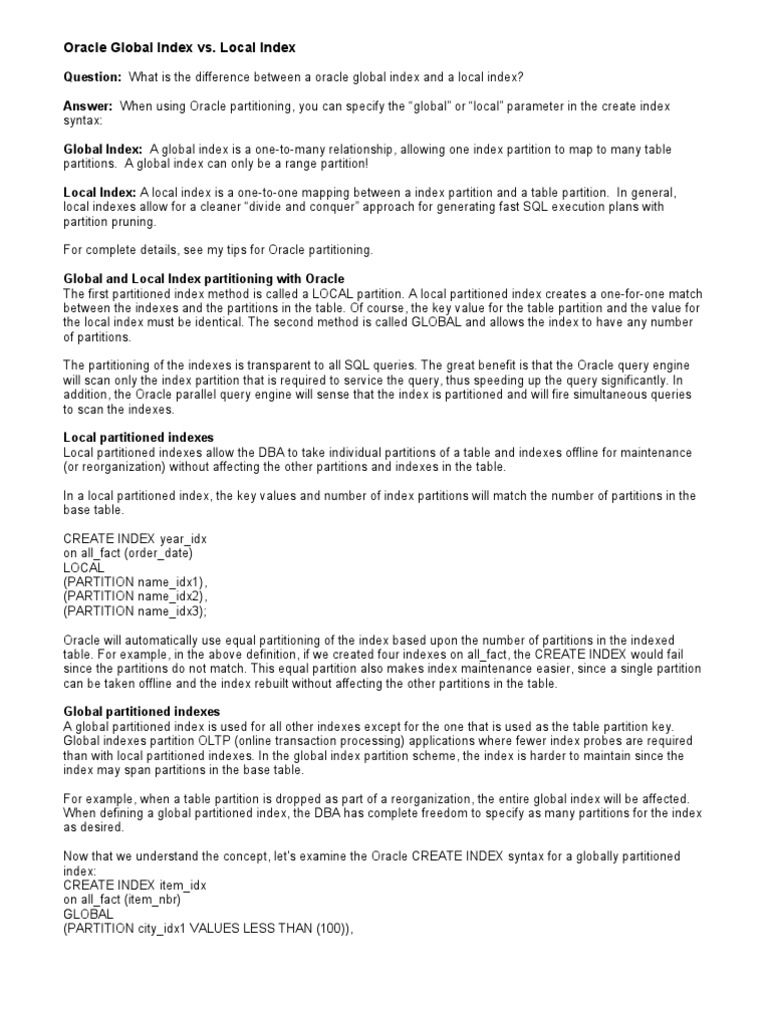Global Vs Local Index | PDF | Database Index | Oracle Database