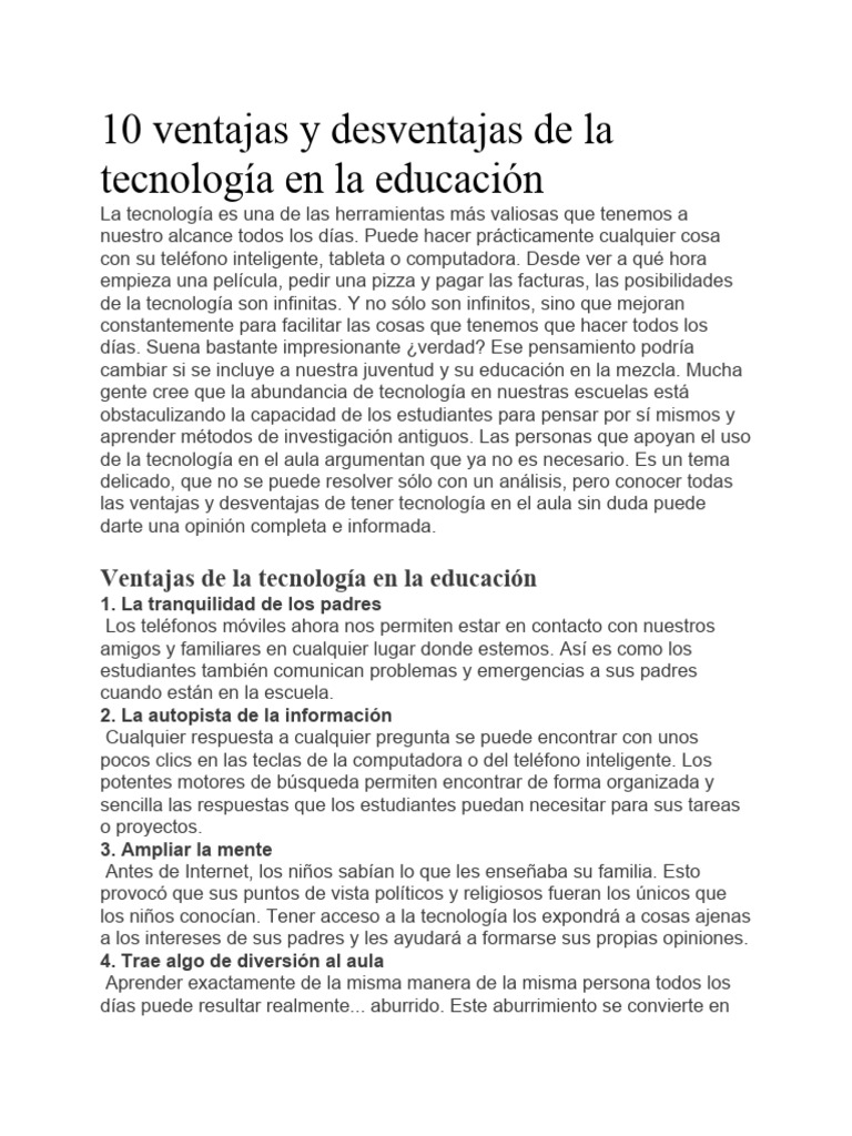 Ventajas y Desventajas de La Tecnología en La Educación | PDF | Acoso ...