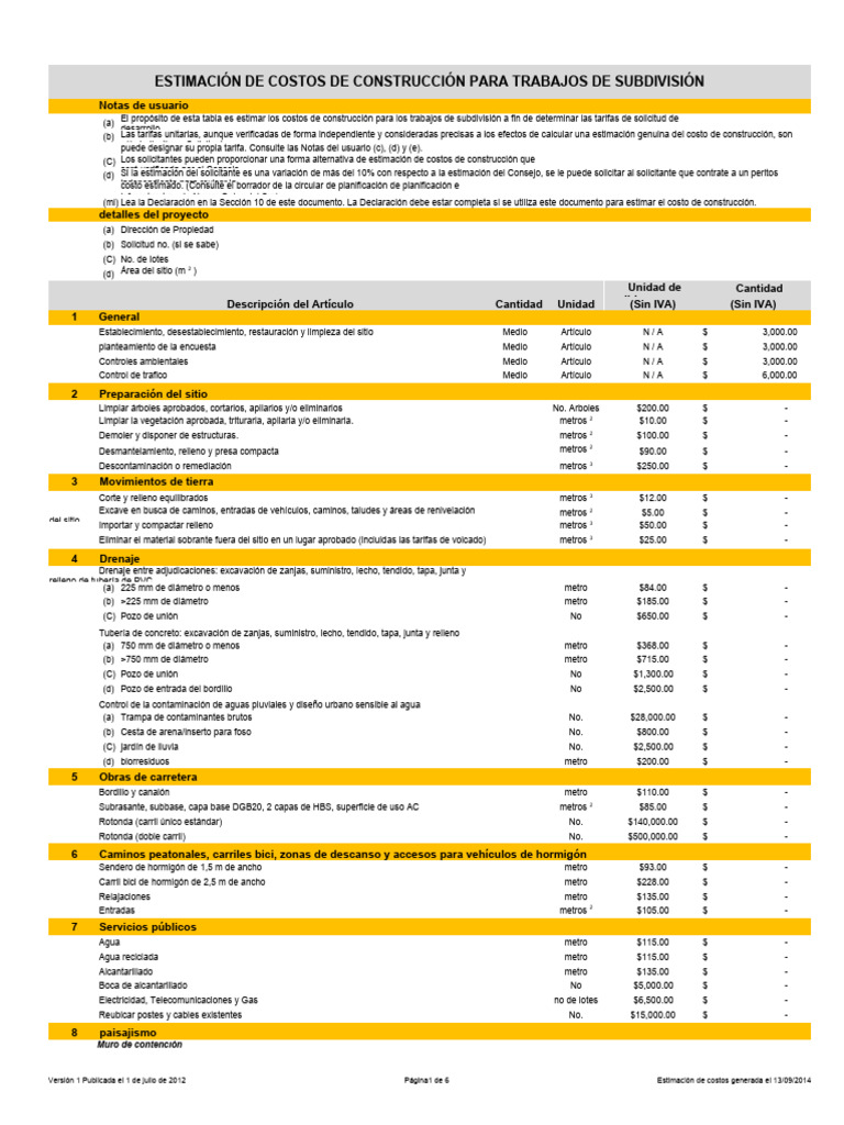 Estimador de costos de construcción para trabajos de subdivisión ...