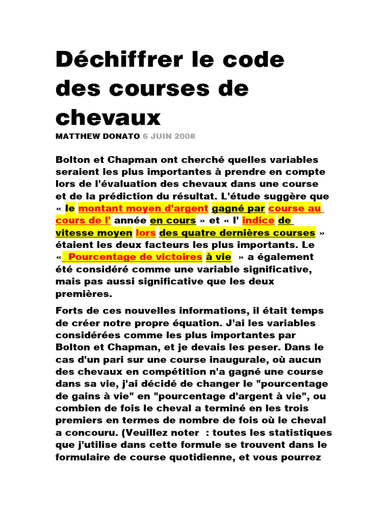 Déchiffrer Le Code Des Courses de Chevaux RÉSUMÉ | PDF