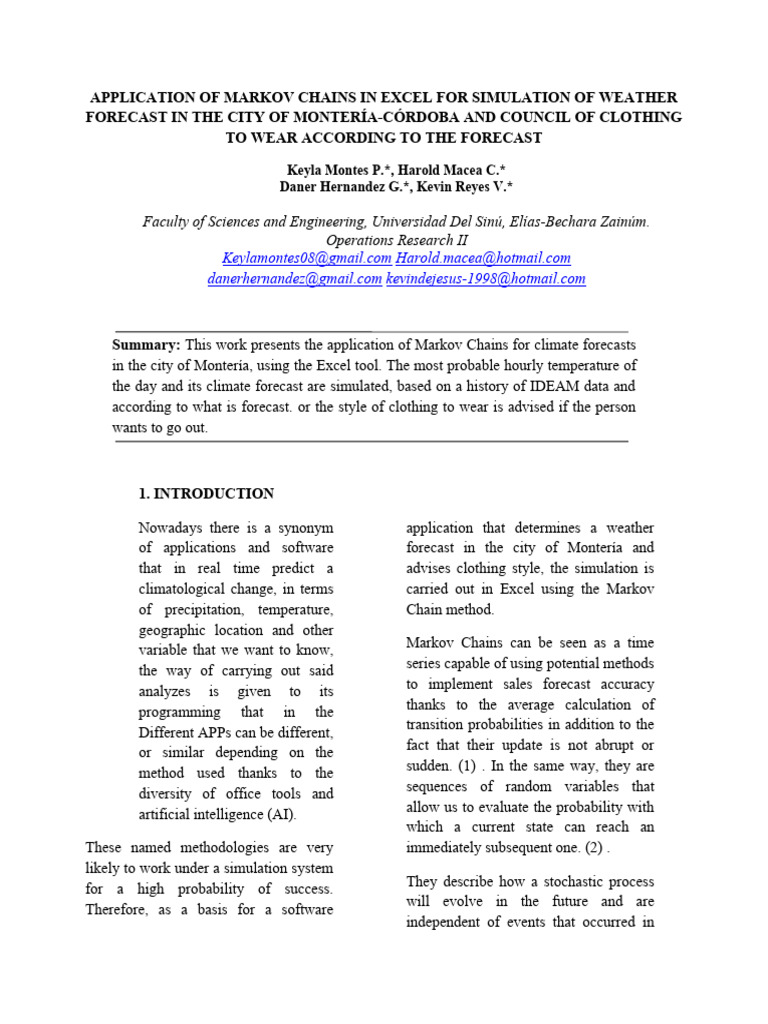 Application Of Markov Chains In Excel For Weather Forecast Simulation In The City Of Montería
