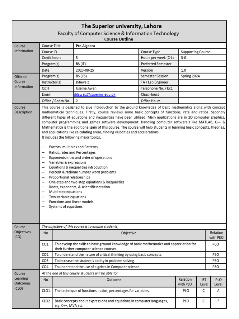 Course Outline Pre Algebra - Docx - 1 | PDF | Equations | Algebra