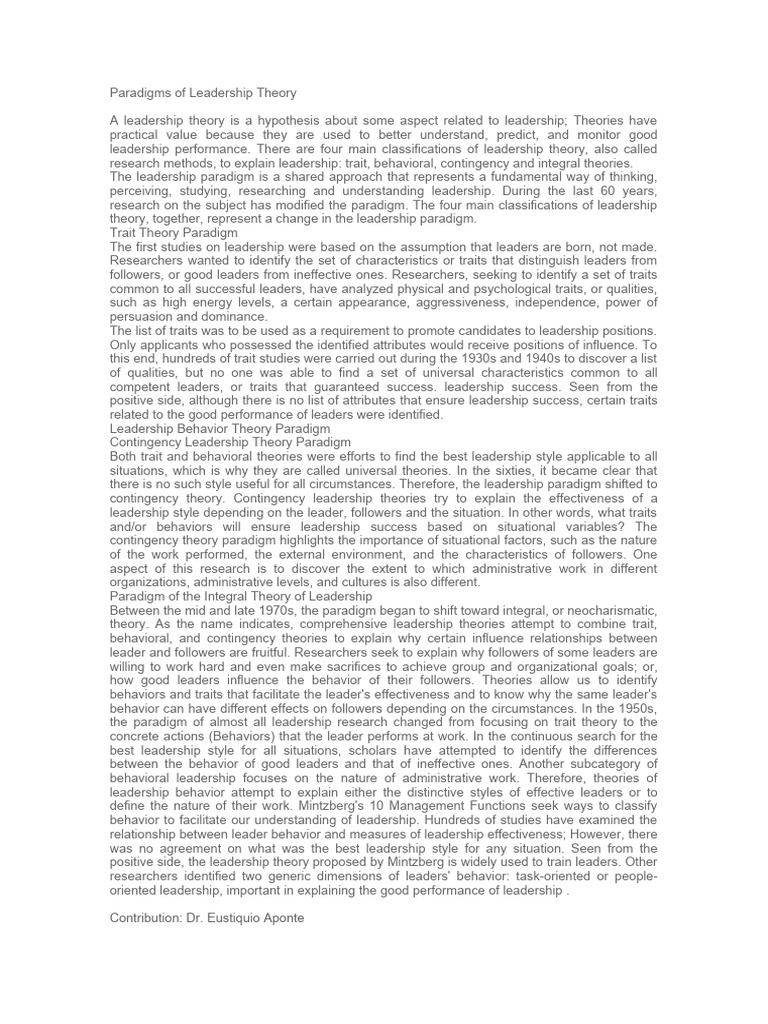 Paradigms of Leadership Theory | PDF | Leadership | Theory