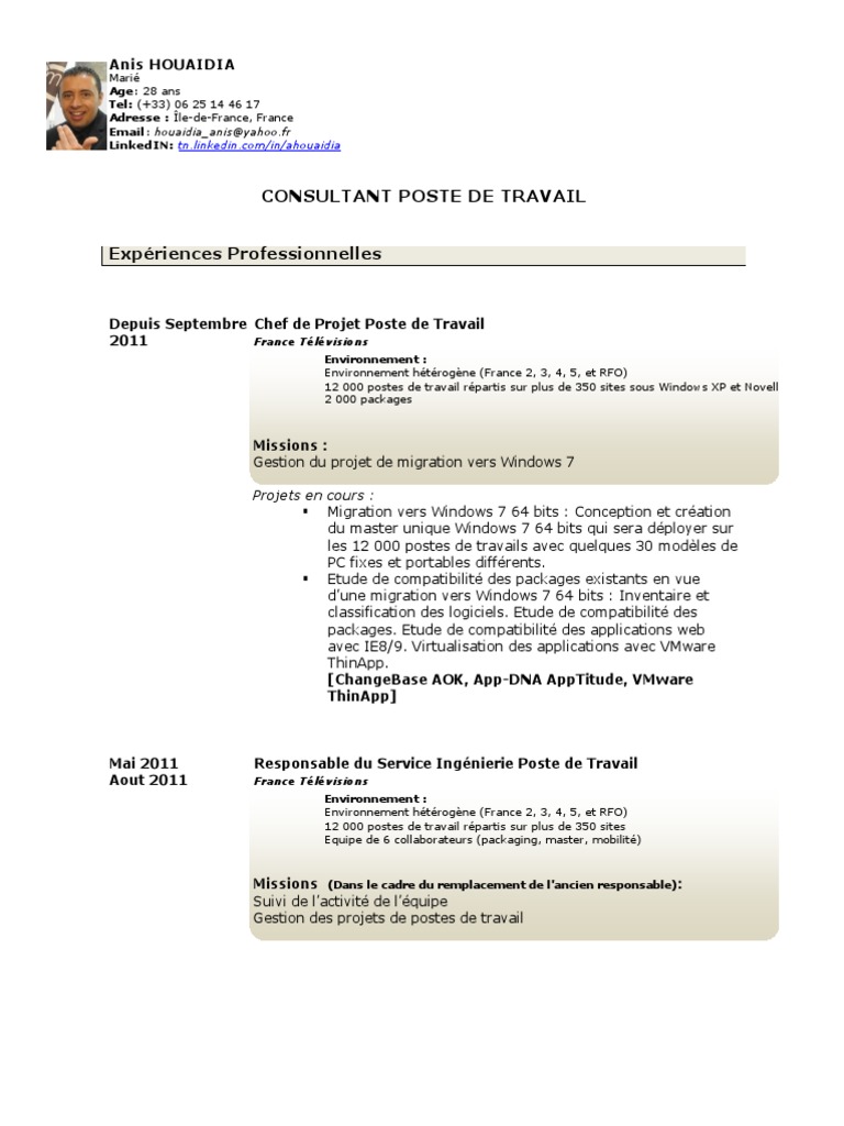 CV Anis HOUAIDIA - Consultant Poste de Travail - Fr | Windows 7 | VMware
