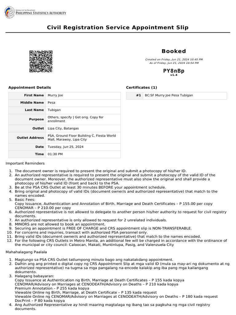 Civil Registration Service Appointment Slip | PDF